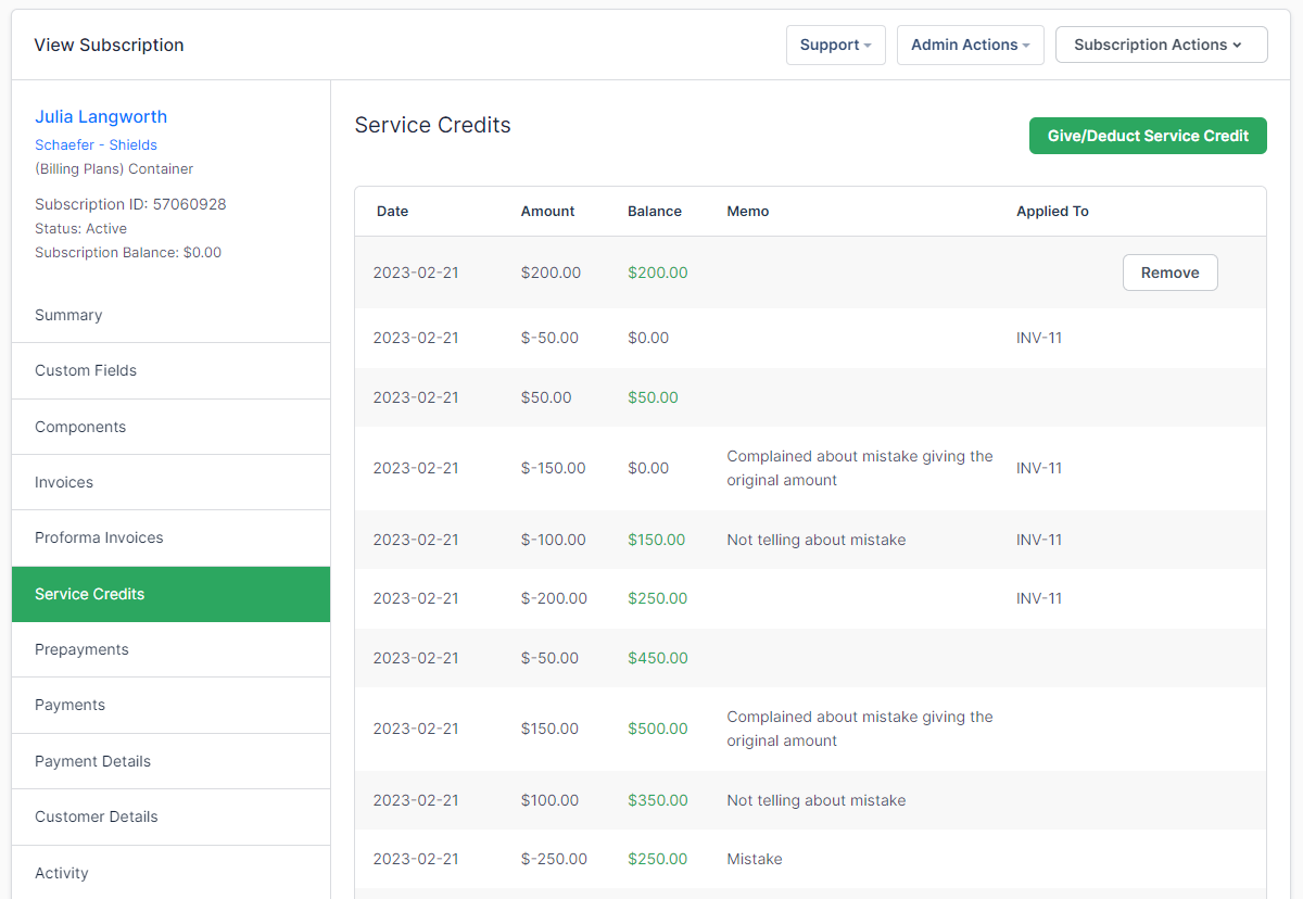 Service Credits – Advanced Billing