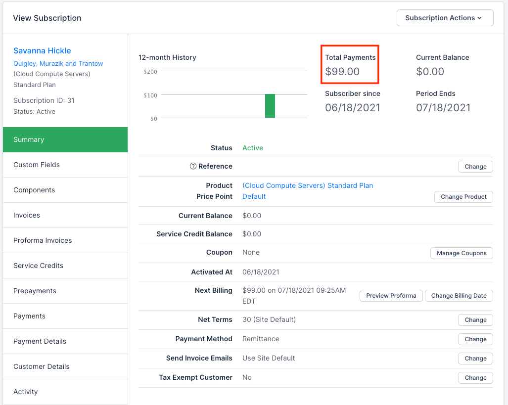 Subscription Summary: Summary Tab – Advanced Billing