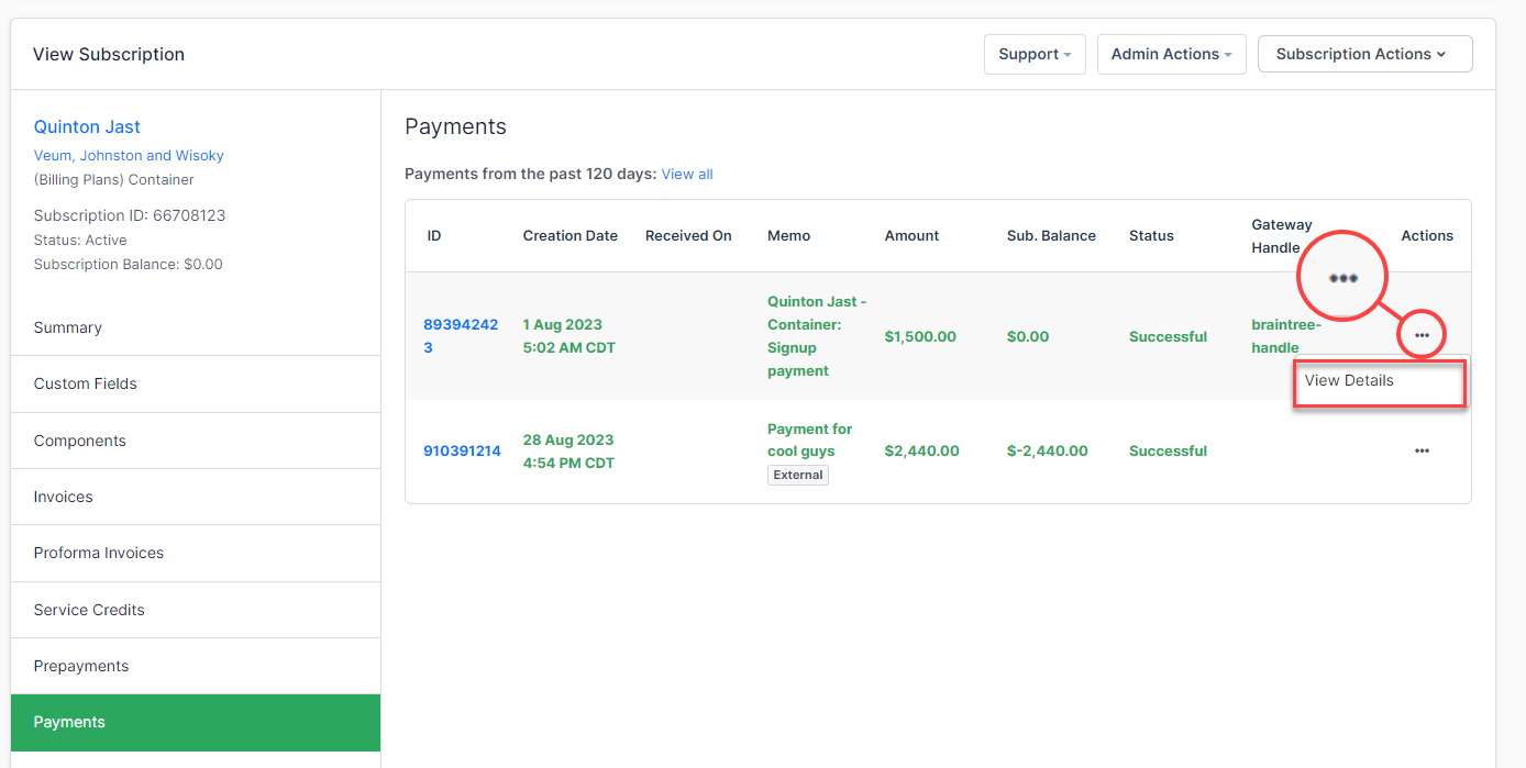 Subscription Summary: Payments Tab – Advanced Billing
