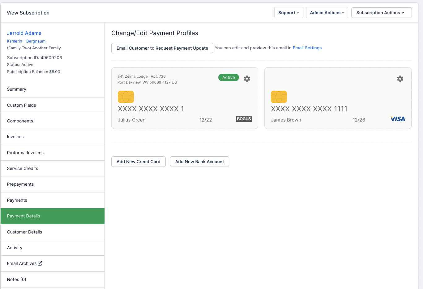 Subscription Summary: Payment Details Tab – Advanced Billing