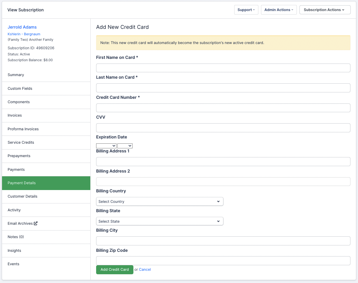 Subscription Summary: Payment Details Tab – Advanced Billing