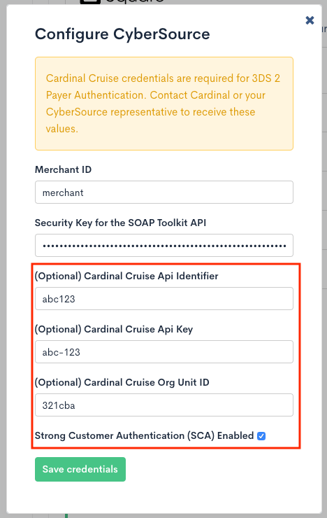 3D Secure Step 1: Gateway configuration, Advanced Billing test site ...